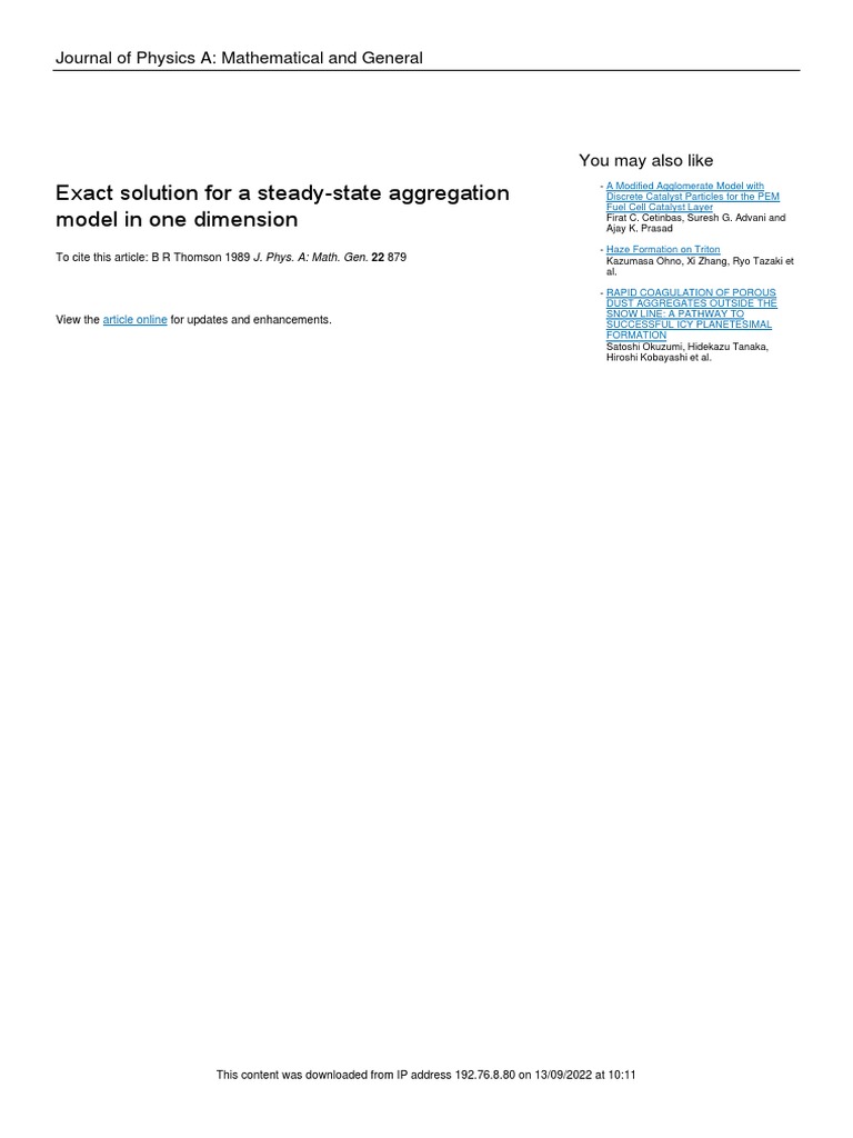 Exact Solution For A Steady-State Aggregation Model in One Dimension | PDF | Steady State ...