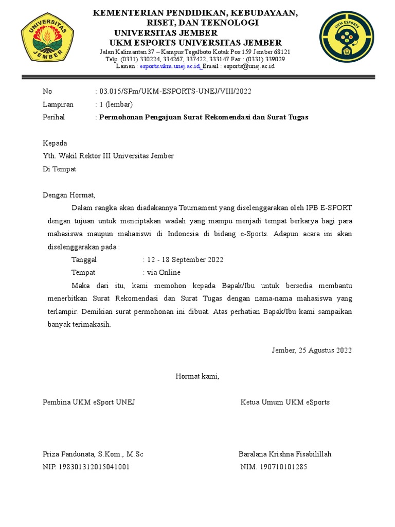 Surat Pengajuan Rekomendasi Dan Tugas | PDF