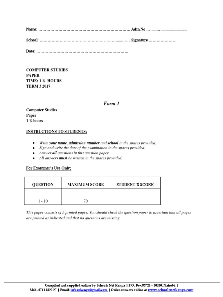 Computer Studies Paper Form 1 Term 3 2017 | PDF | Cyberspace | Computing