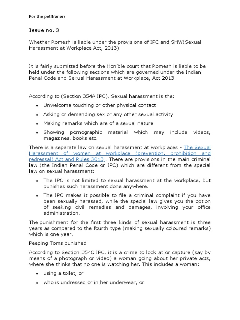 Petitioner - Arguments Advanced and Prayer | PDF | Sexual Harassment ...