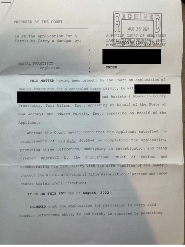 Francisco Permit To Carry Court Order Monmouth County NJ | PDF