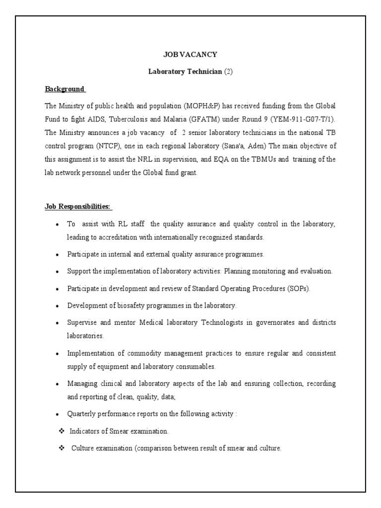 Medical Laboratory Technician JOB VACANCY | PDF | Laboratories ...