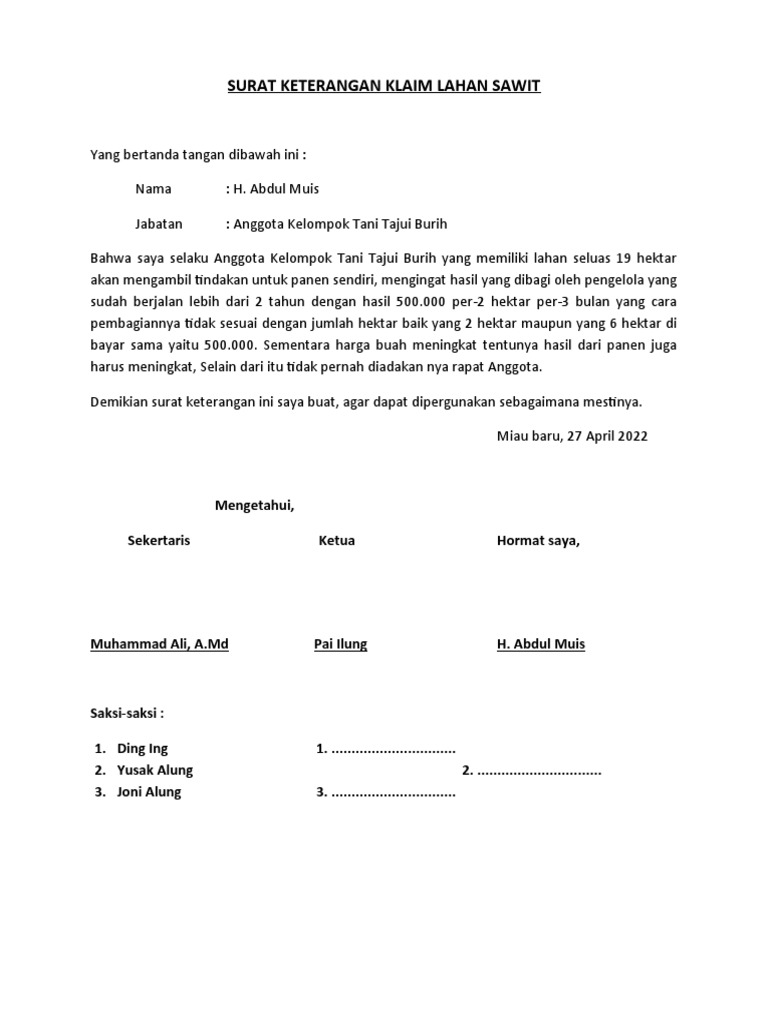 Surat Keterangan Klaim Lahan Sawit Pdf