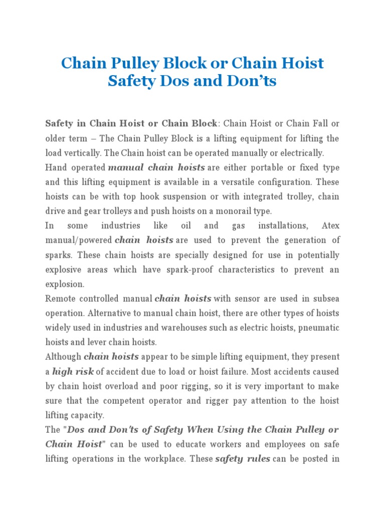 Chain Pulley Block or Chain Hoist Safety Dos and Don’ts | PDF ...