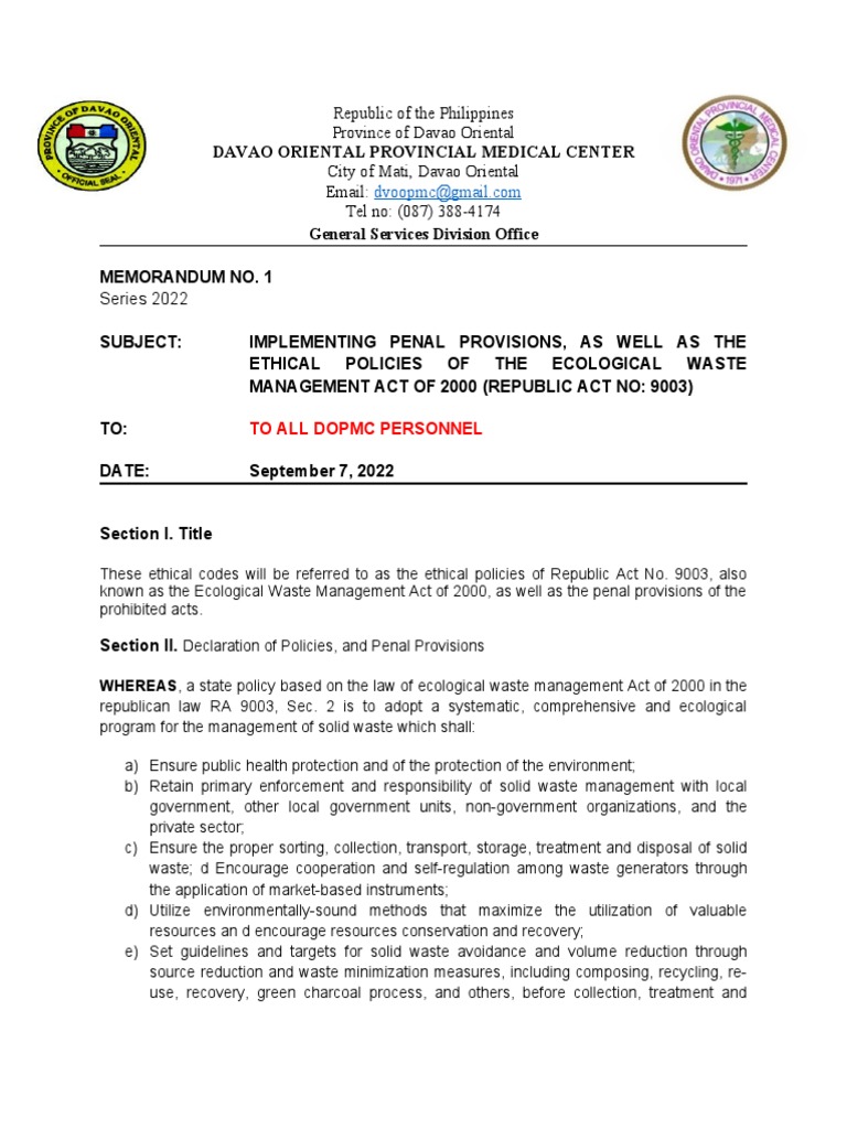 Ra 9003-Ecological Waste Managemeent | PDF | Waste Management | Waste