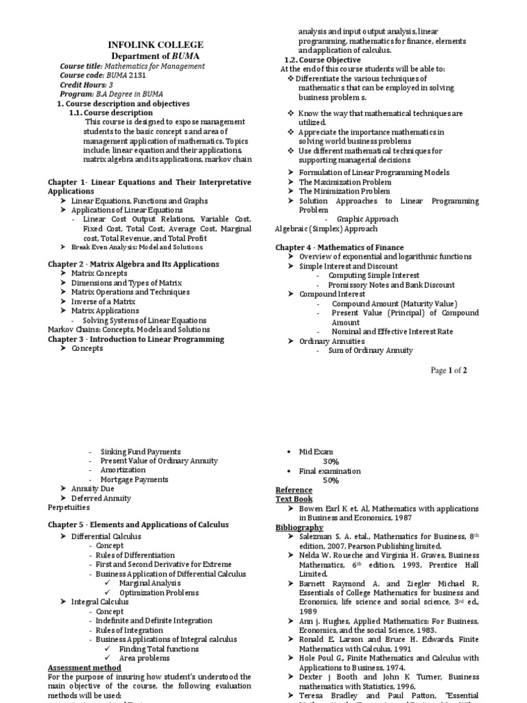 Math for Management Students | PDF | Linear Programming | Matrix ...