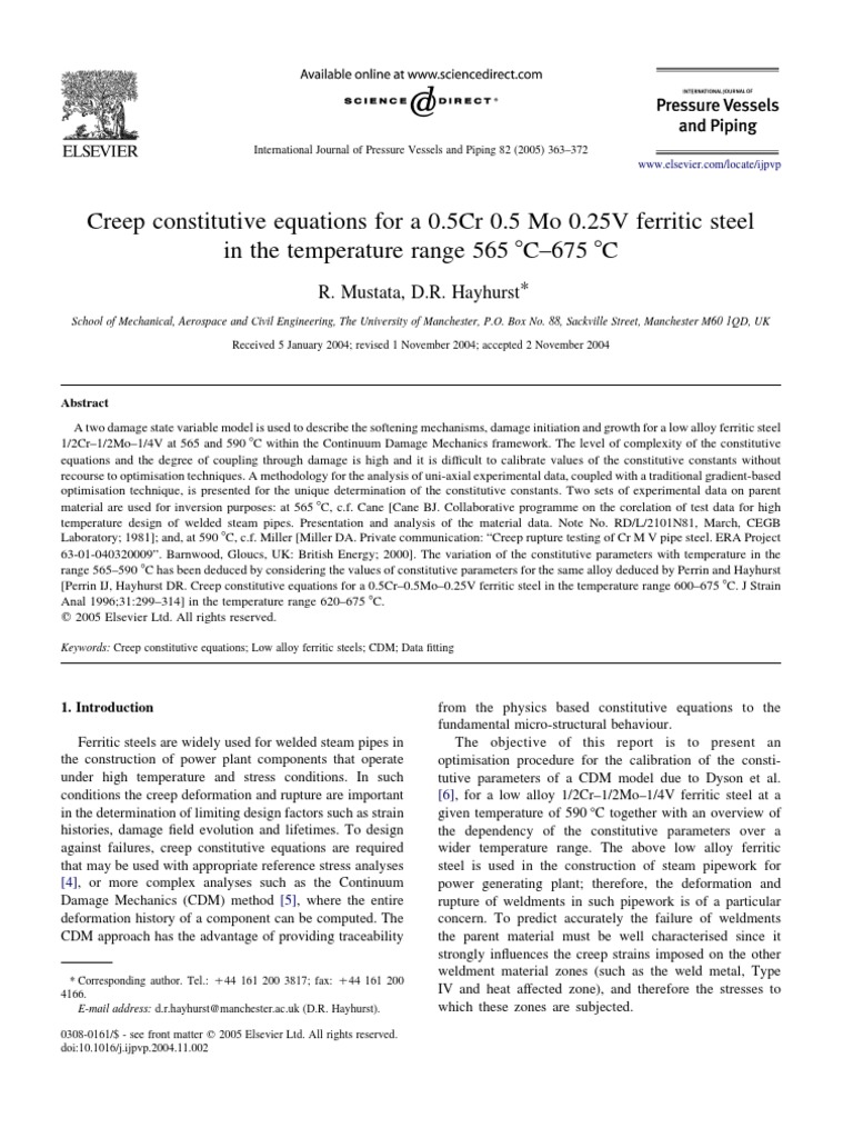 Creep Equations for 0.5Cr-0.5Mo-0.25V Steel | PDF | Creep (Deformation ...