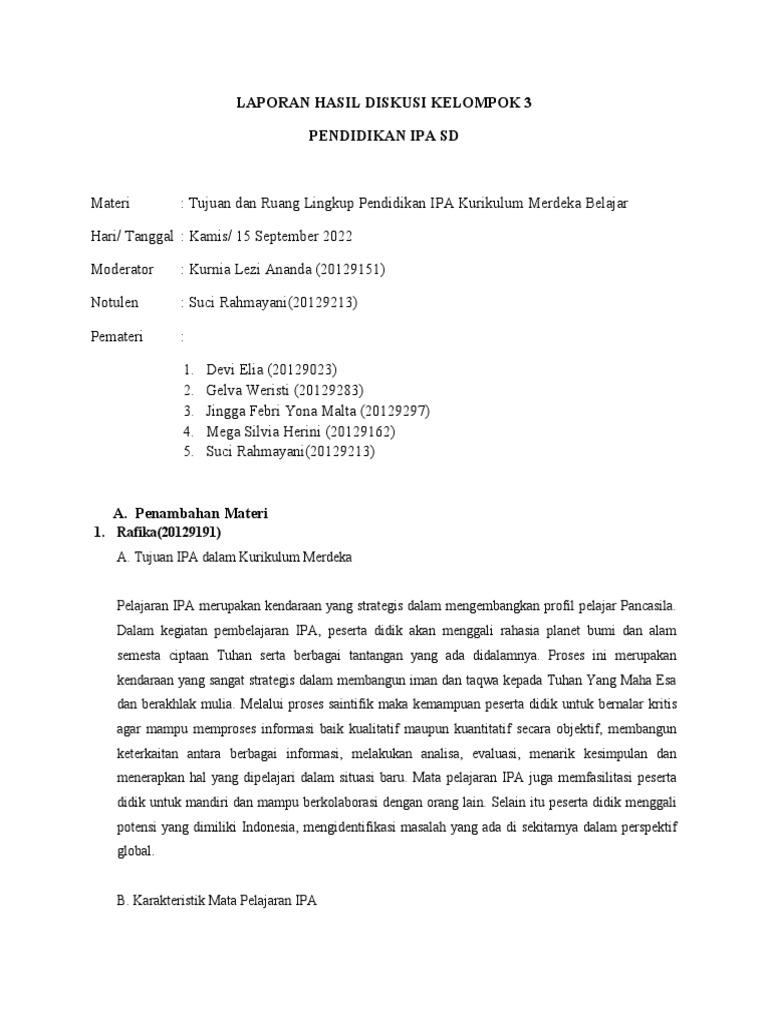 Laporan Hasil Diskusi Kelompok 3 Ipa Sd Pdf