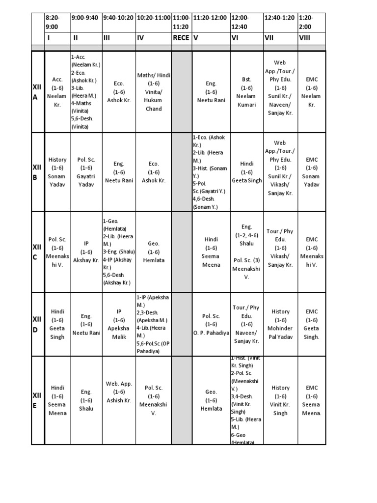 XI-XII Classwise Time Table 2022-23 | PDF