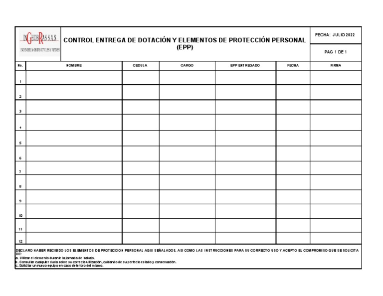 Epp-For-003 Control Entrega Epp . | PDF