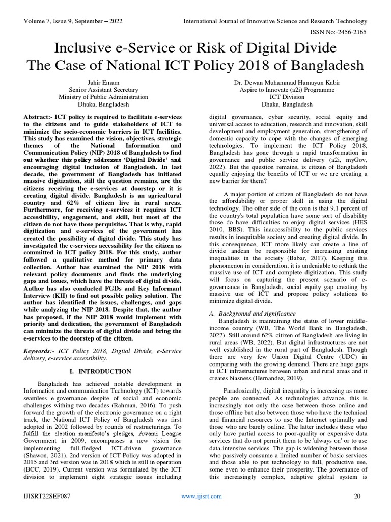 Inclusive E-Service or Risk of Digital Divide The Case of National ICT ...