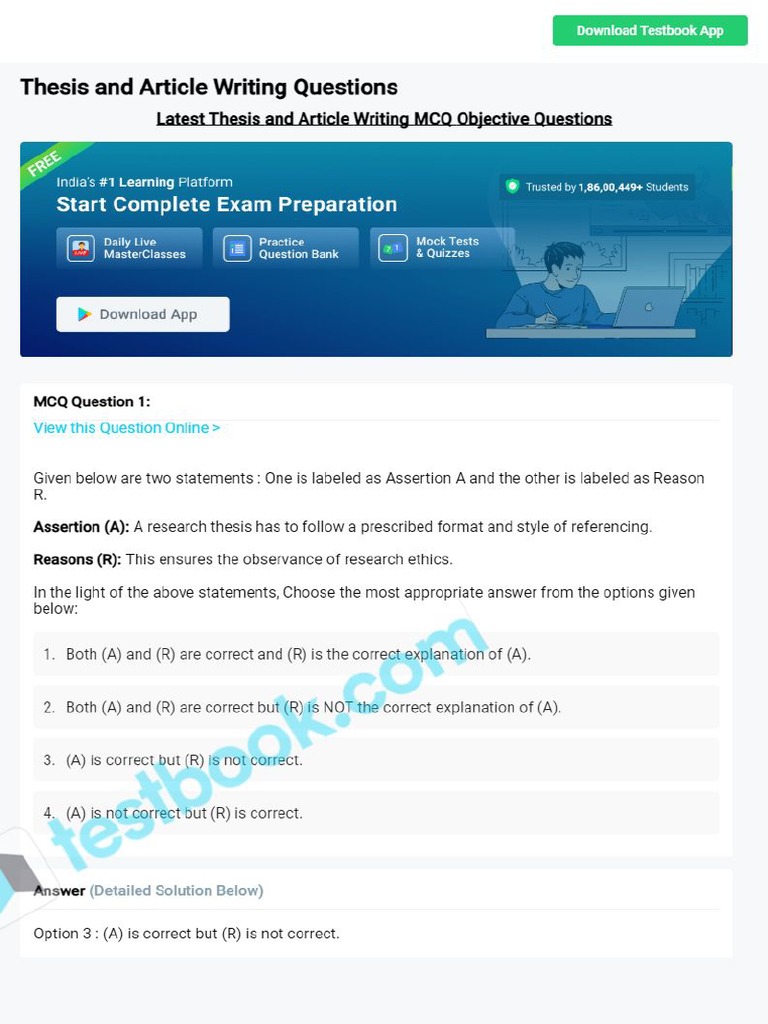 MCQ On Thesis and Article Writing 5eea6a0d39140f30f369e1e3 | PDF