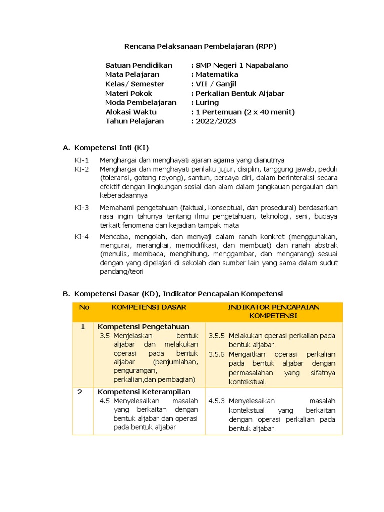 RPP PBL Perkalian Bentuk Aljabar | PDF