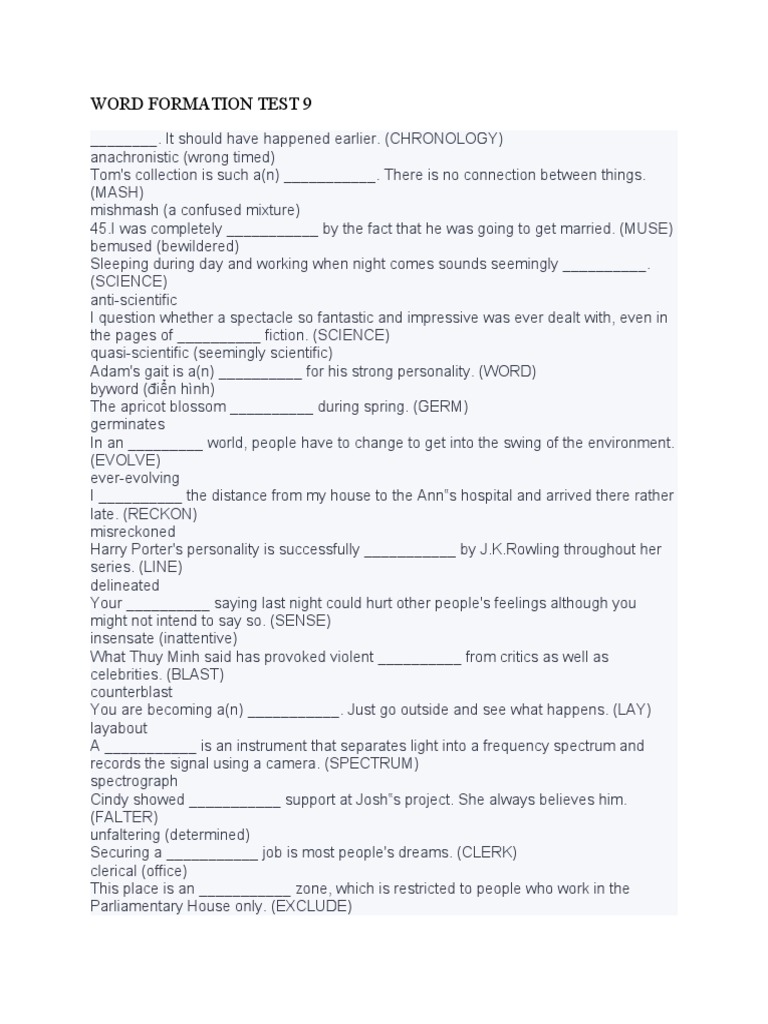 Key Word Formation Test 9 | PDF