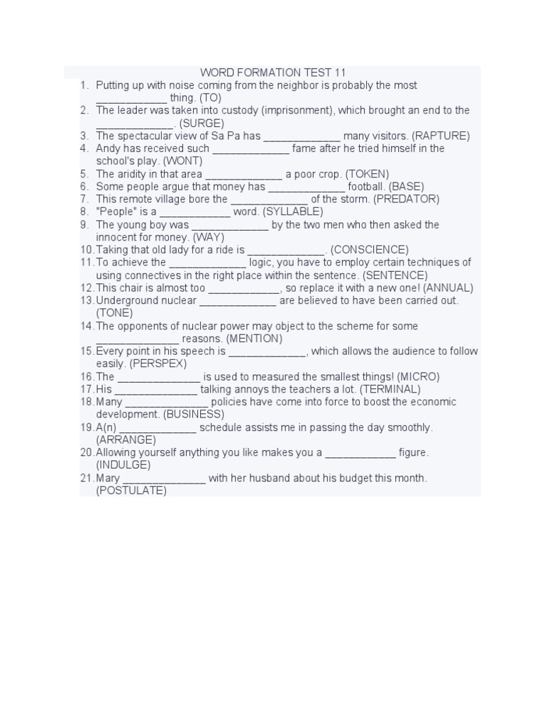 Word Formation Test 11 | PDF | Language Arts & Discipline | Foreign ...