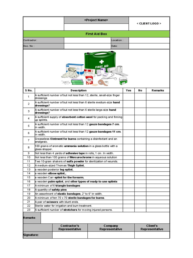 First Aid Kit Contents Checklist | PDF | First Aid