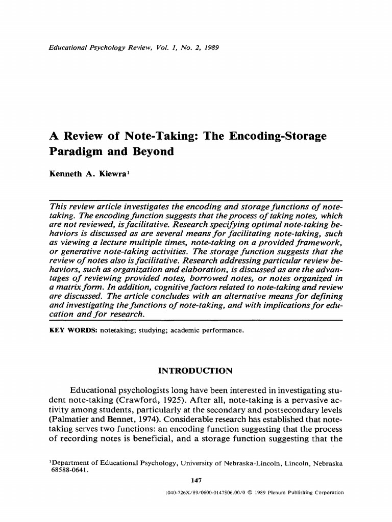 Kiewra (1989) Review of Note Taking | PDF | Working Memory | Recall ...