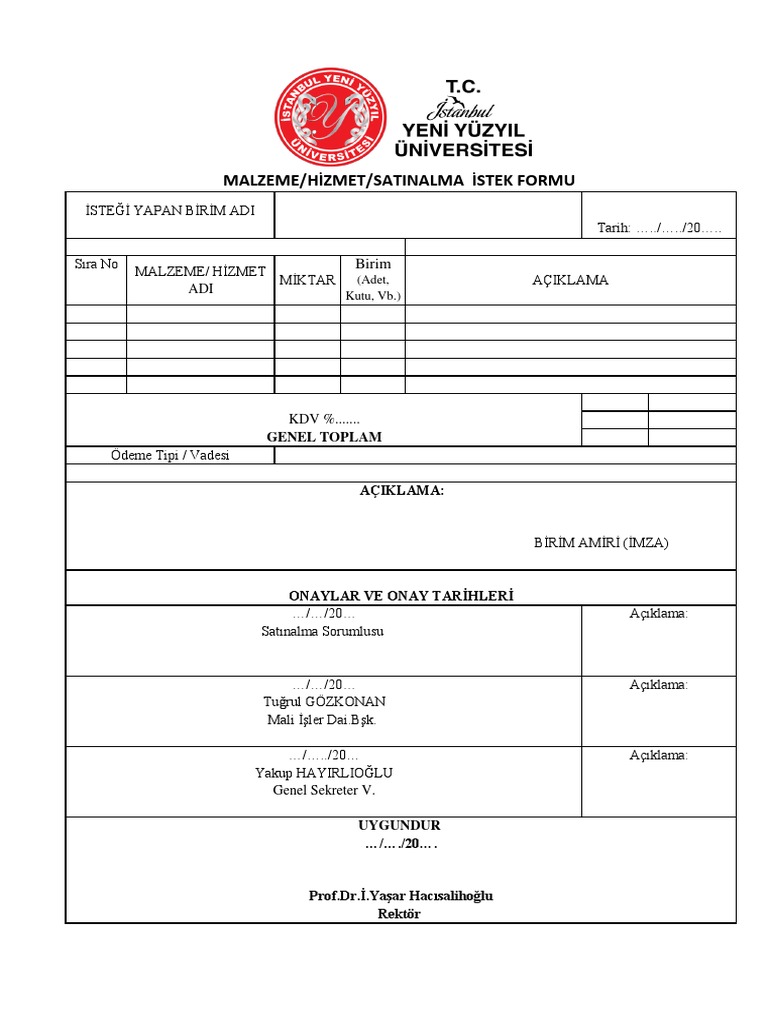 Malzeme Hi̇zmet Satinalma İstek Formu | PDF