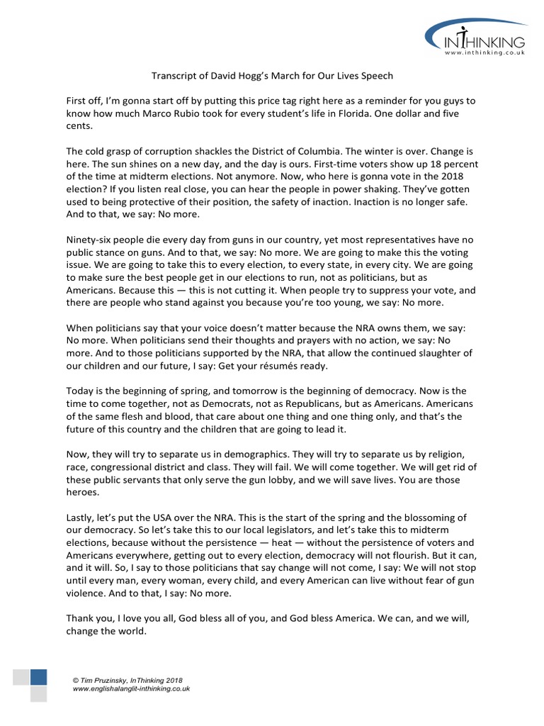 Transcript of David Hogg's March For Our Lives Speech | PDF | The ...