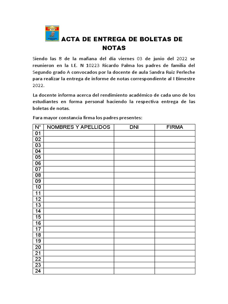 Acta de Entrega de Boletas de Notas | PDF