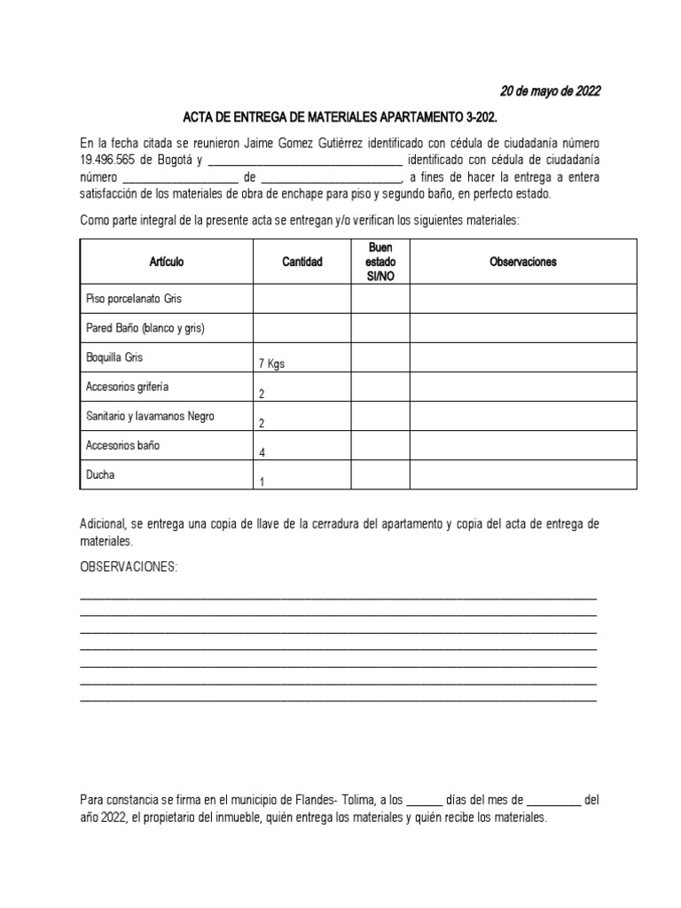 Acta de entrega materiales | PDF