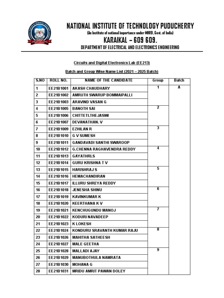 NIT Puducherry EE Circuits Lab Group List | PDF