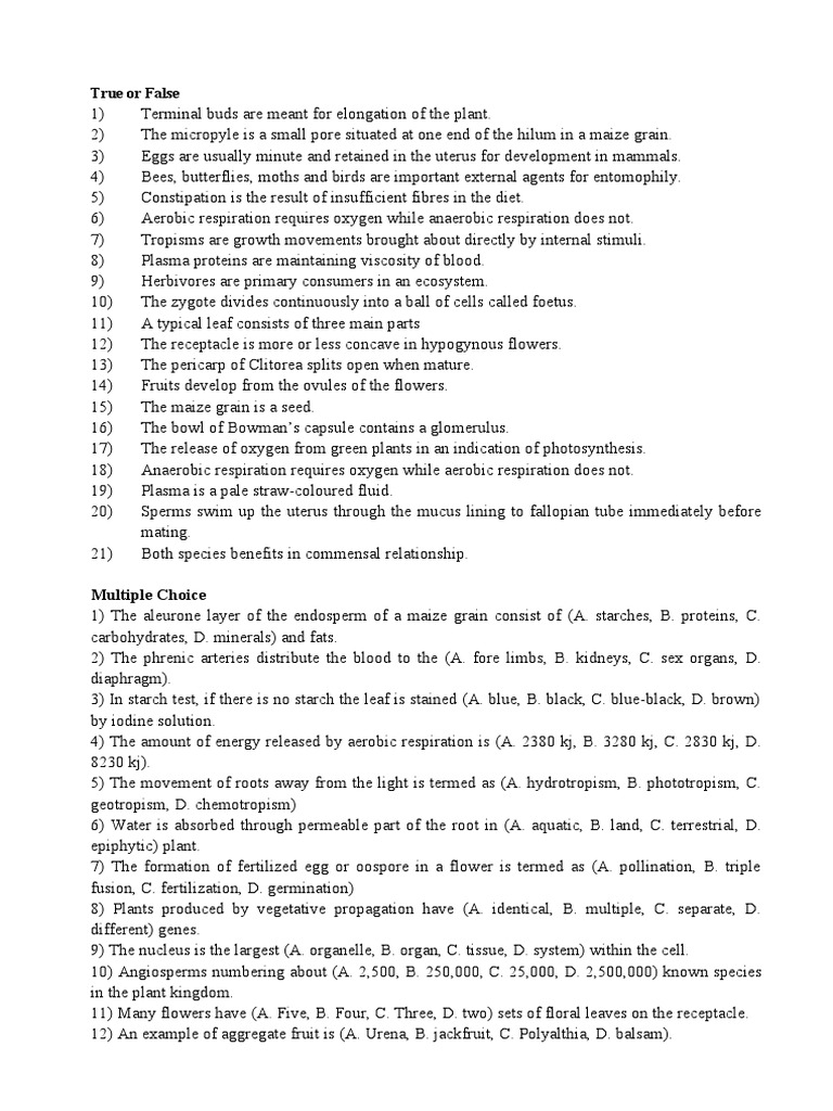 True or False Biology Questions Multiple Choice Biology Questions | PDF ...