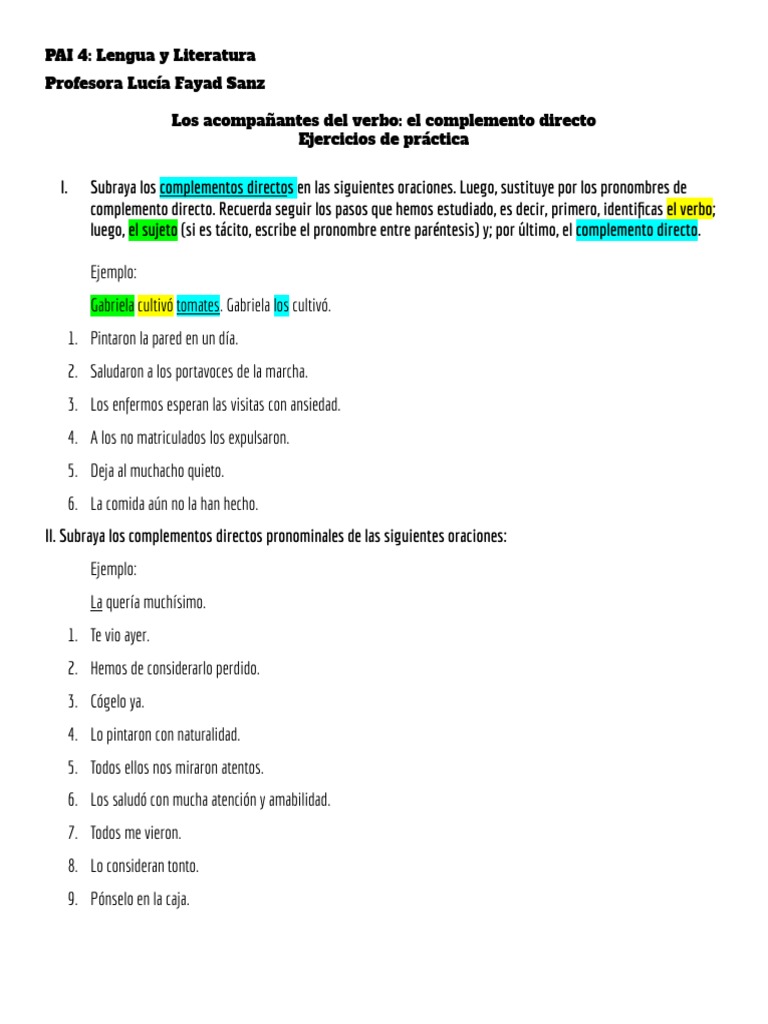 Complemento Directo Ejercicios | PDF Complemento Directo Ejercicios | PDF
