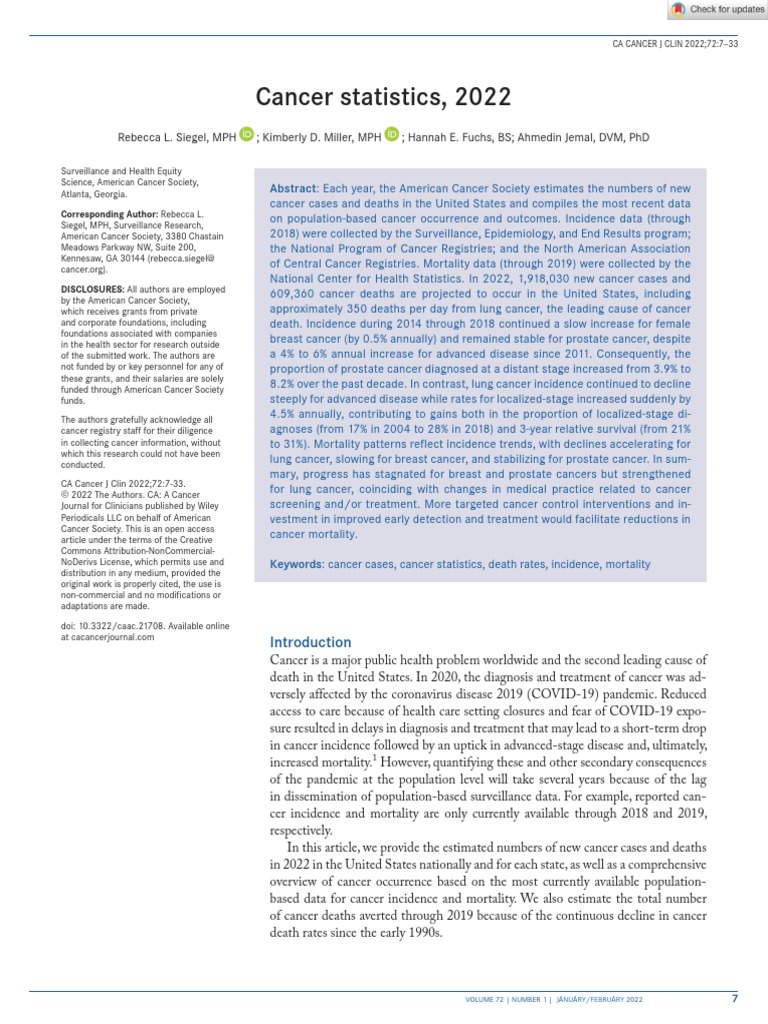 Siegel RL Et Al. 2022 Cancer Statistics 2022 | PDF | Cancer | Human ...