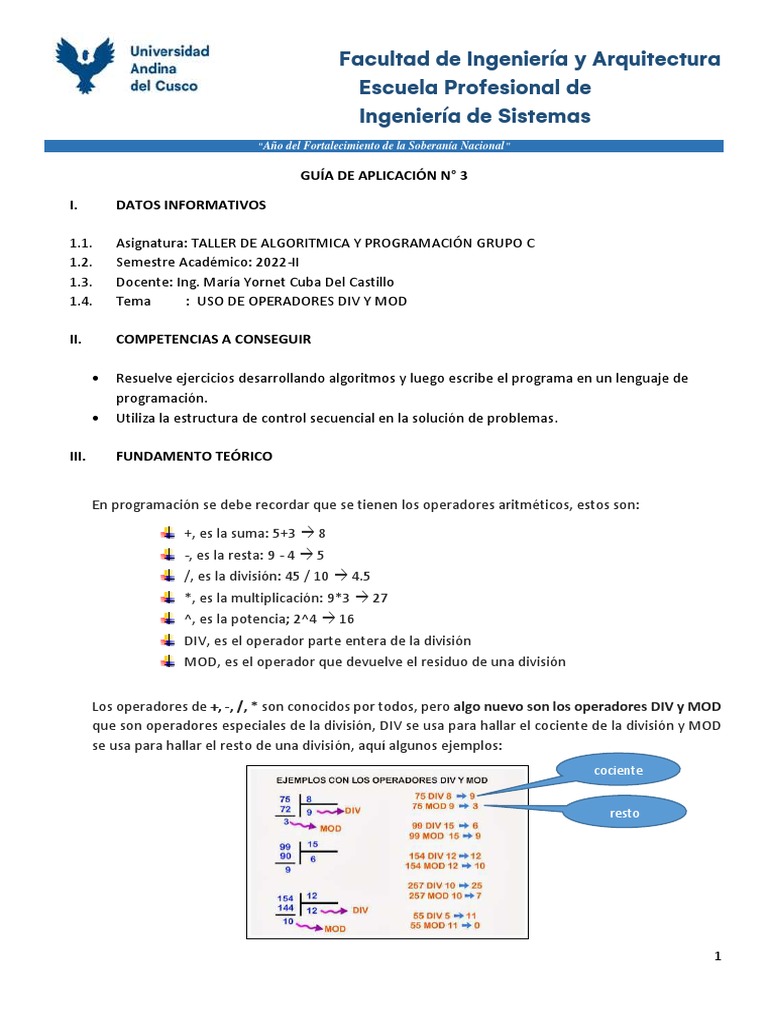 Guía de Aplicación #3 Uso de Los Operadores DIV y MOD | PDF ...