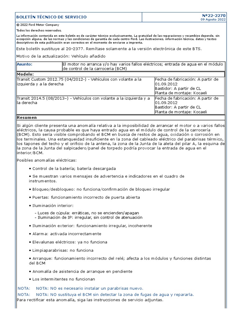 FordEtis - BOLETÍN TÉCNICO DE SERVICIO 22-2270 | PDF | Agua | Vehículos