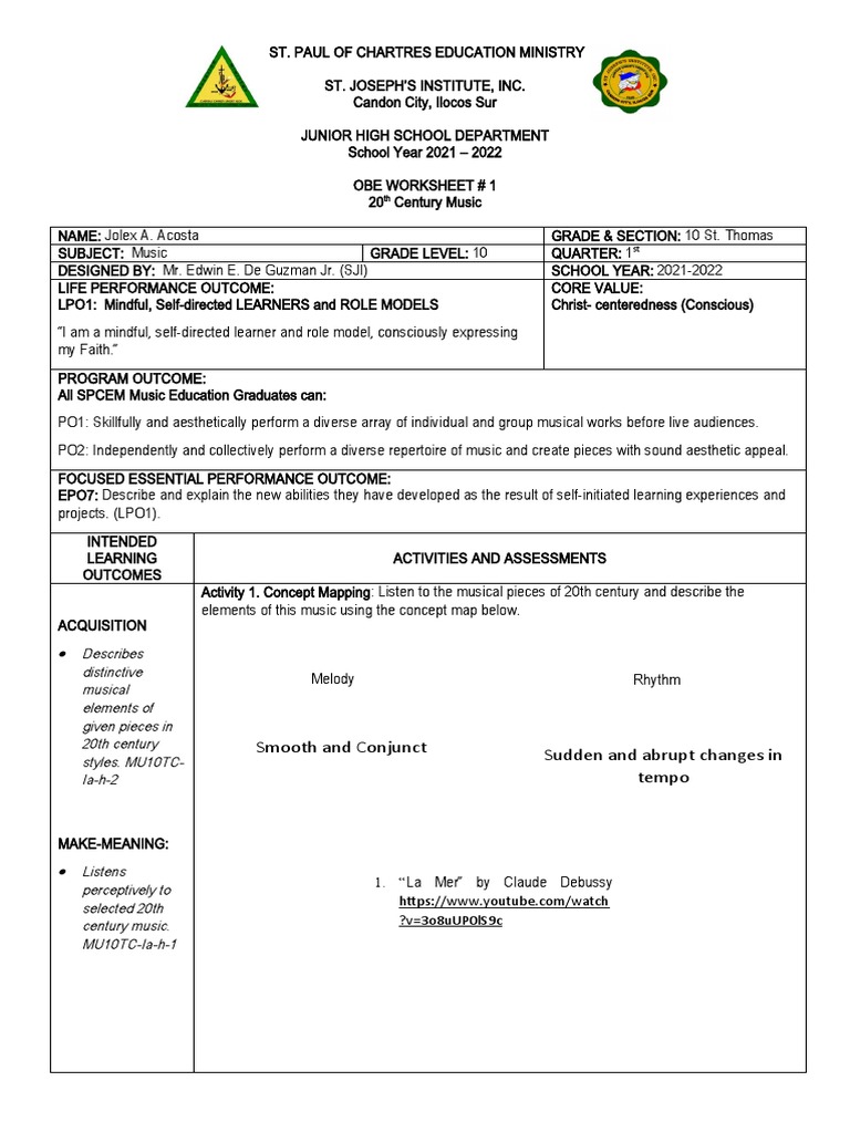 20th Century Music OBE Worksheet | PDF | Harmony | Performing Arts