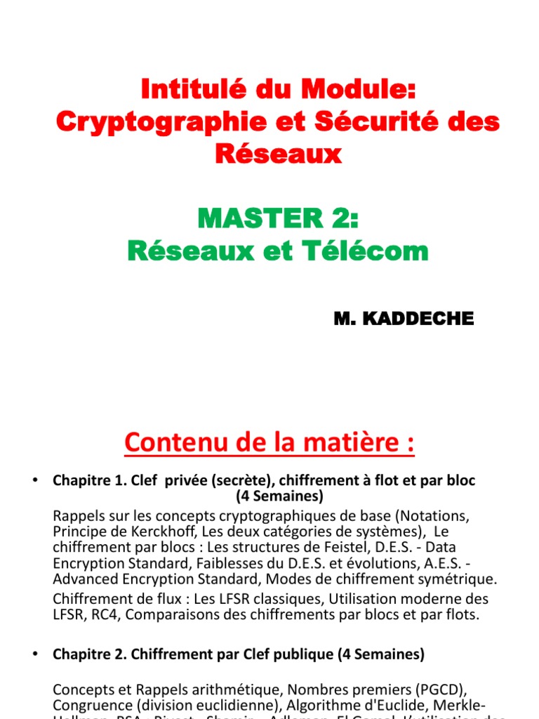 CHAP1.2 Introd Crypt Sécurité Réseaux | PDF | Public-key cryptography | Cryptographie