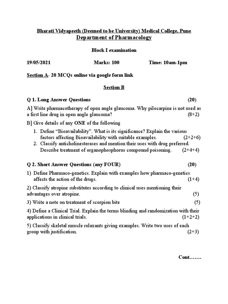 Phase II Block I - Pharmacology Question Paper B & C Sections | PDF | Medical Specialties | Drugs