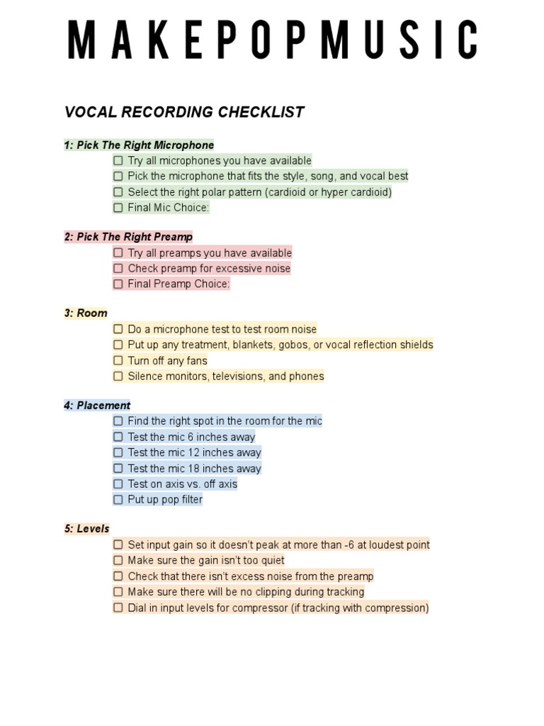 Make Pop Music - Vocal Recording Checklist | PDF