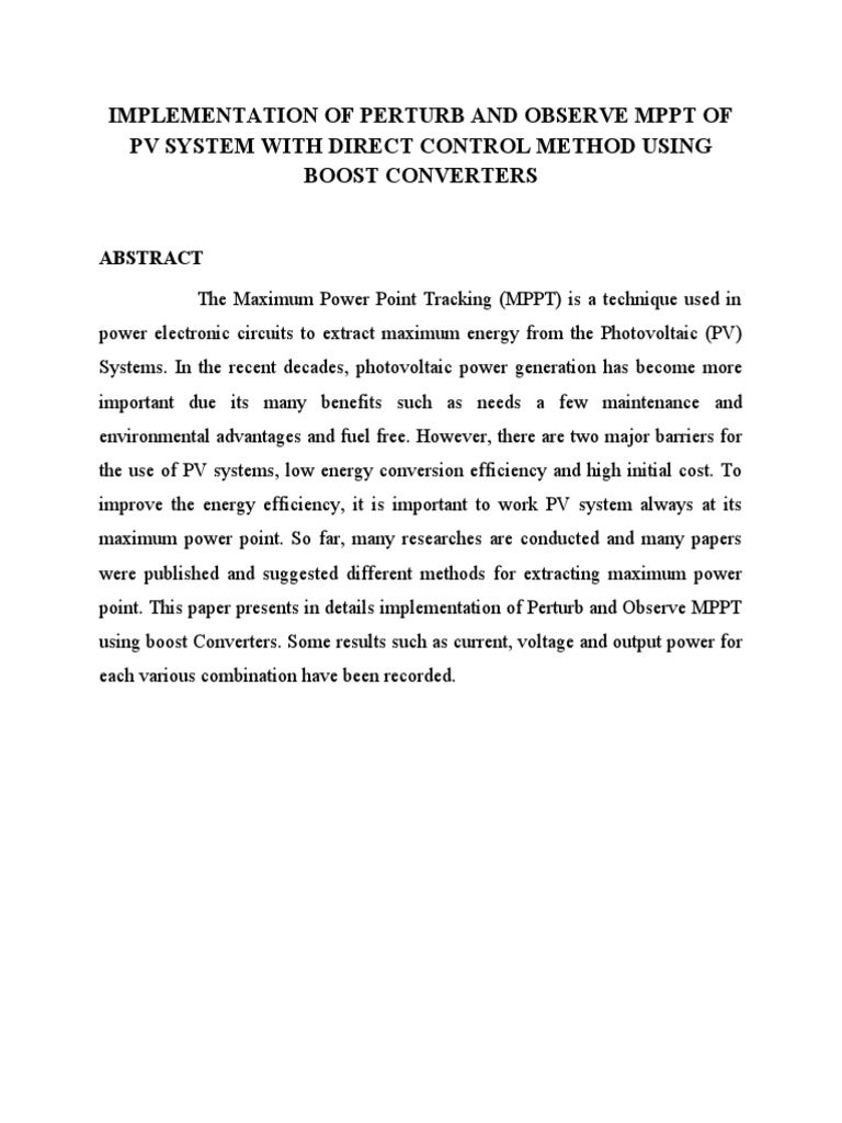 Implementation Of Perturb And Observe Mppt Of Pv System With Direct Control Method Using Boost