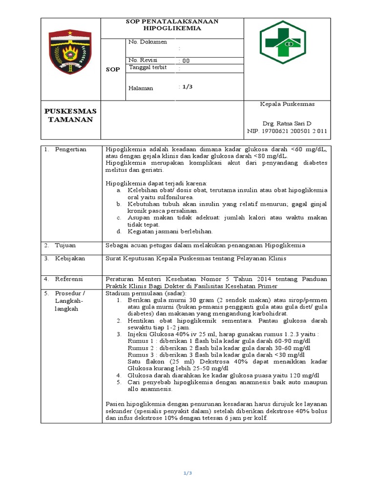 Sop Penatalaksanaan Hipoglikemia Hiperglikemia | PDF