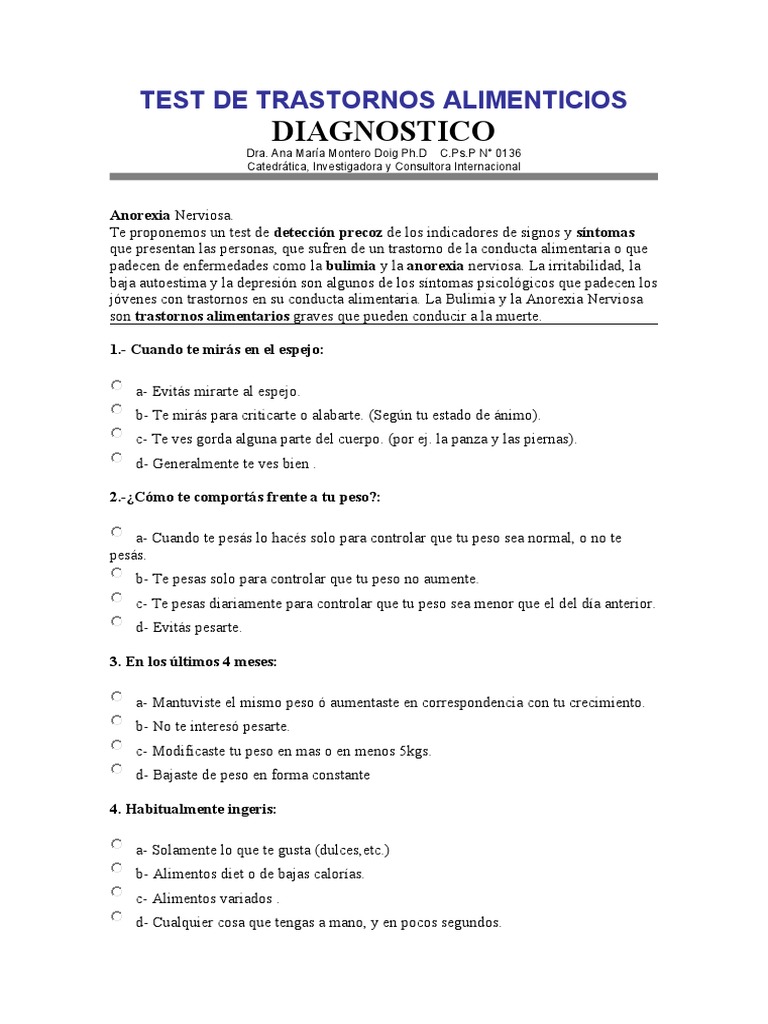 TEST DETECCION PRECOZ de TRASTORNOS ALIMENTICIOS | PDF | Desorden ...