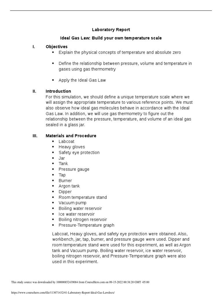 4.1 Laboratory Report Ideal Gas Law | PDF | Gases | Temperature