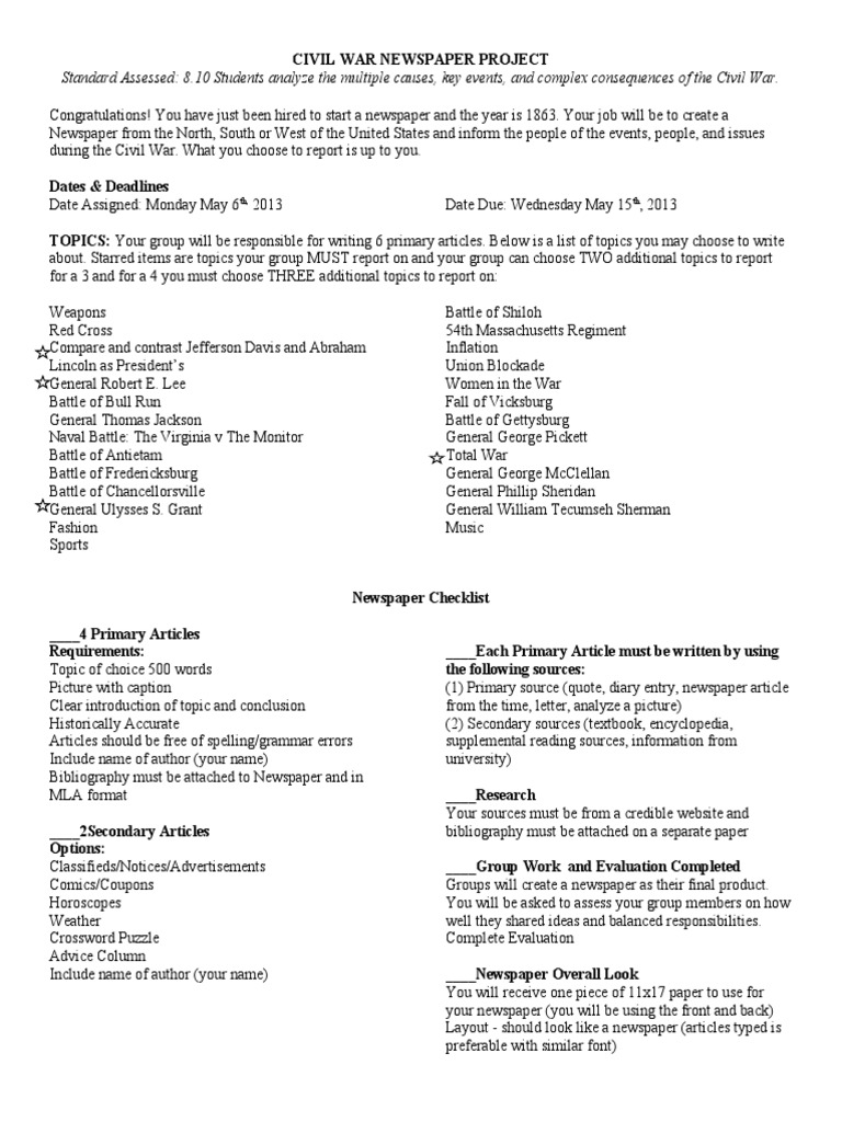 Civil War Newspaper Project | PDF | American Civil War