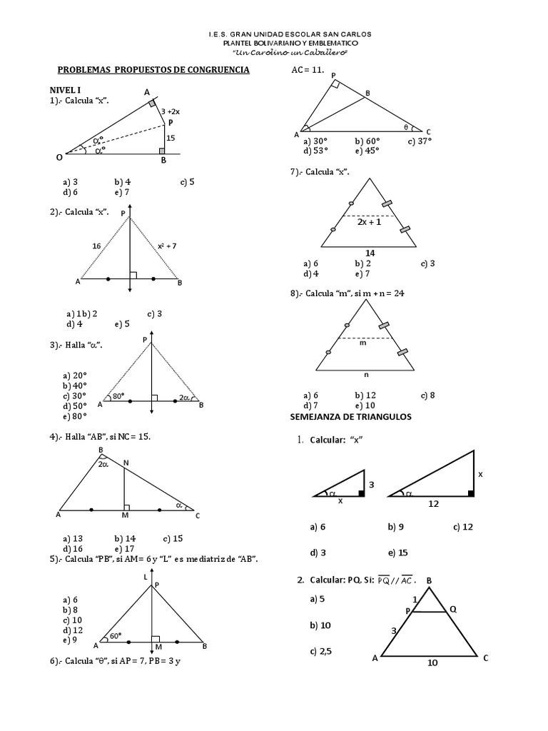 Problemas de Congruencia y Semejanza | PDF | Geometría Elemental ...