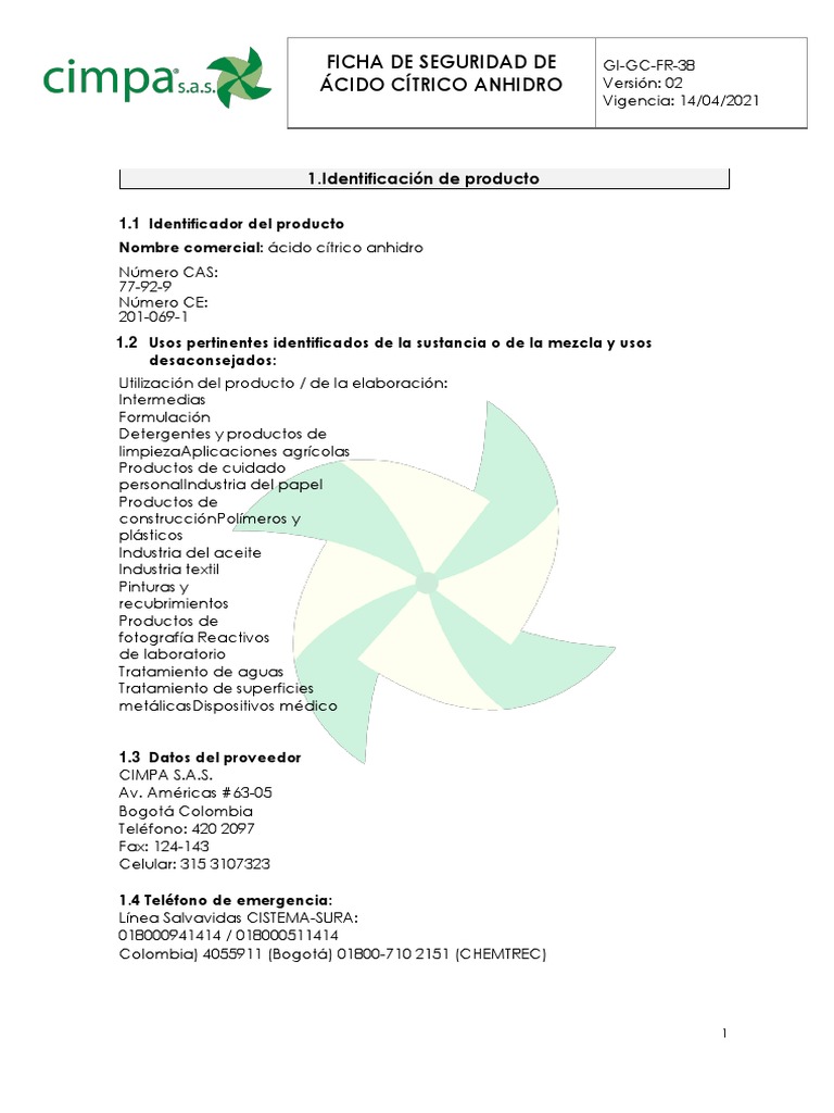 HS Ácido Cítrico Anhidro | PDF | Agua | Dióxido de carbono