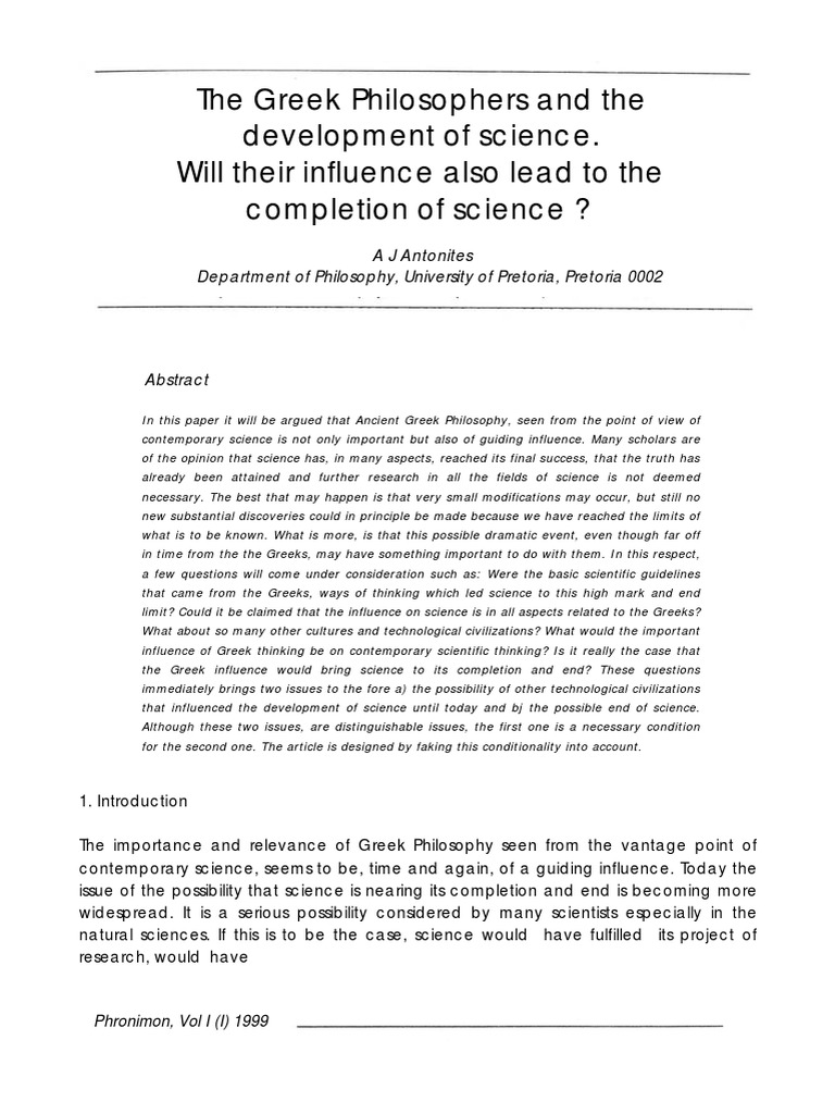 Greek Philosophers' Influence on the Development and Possible ...