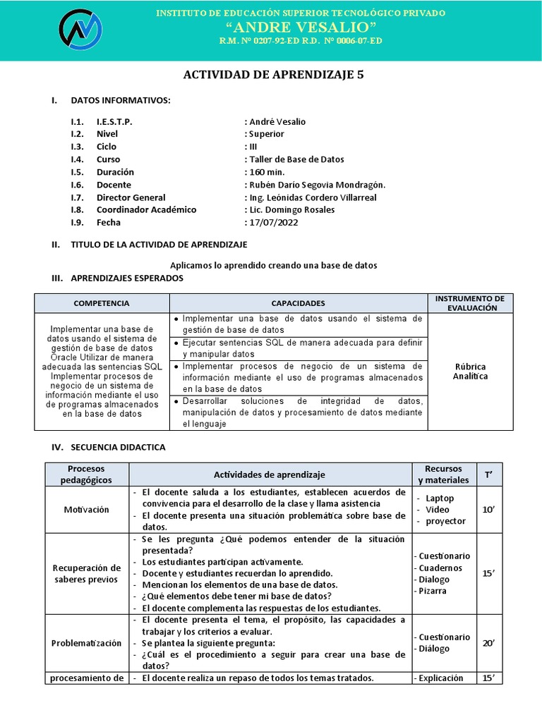 BASE DE DATOS-Sesion 5 | PDF | Evaluación | Aprendizaje