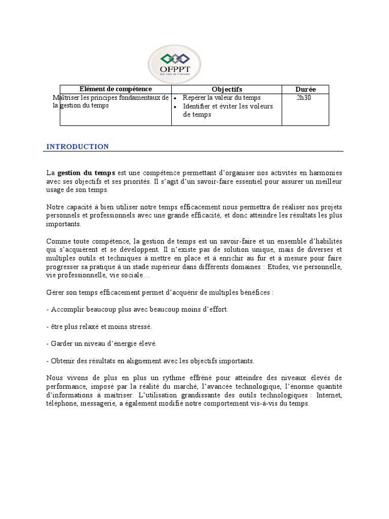 Principes Fondamentaux de La Gestion Du Temps | PDF | Compétence ...