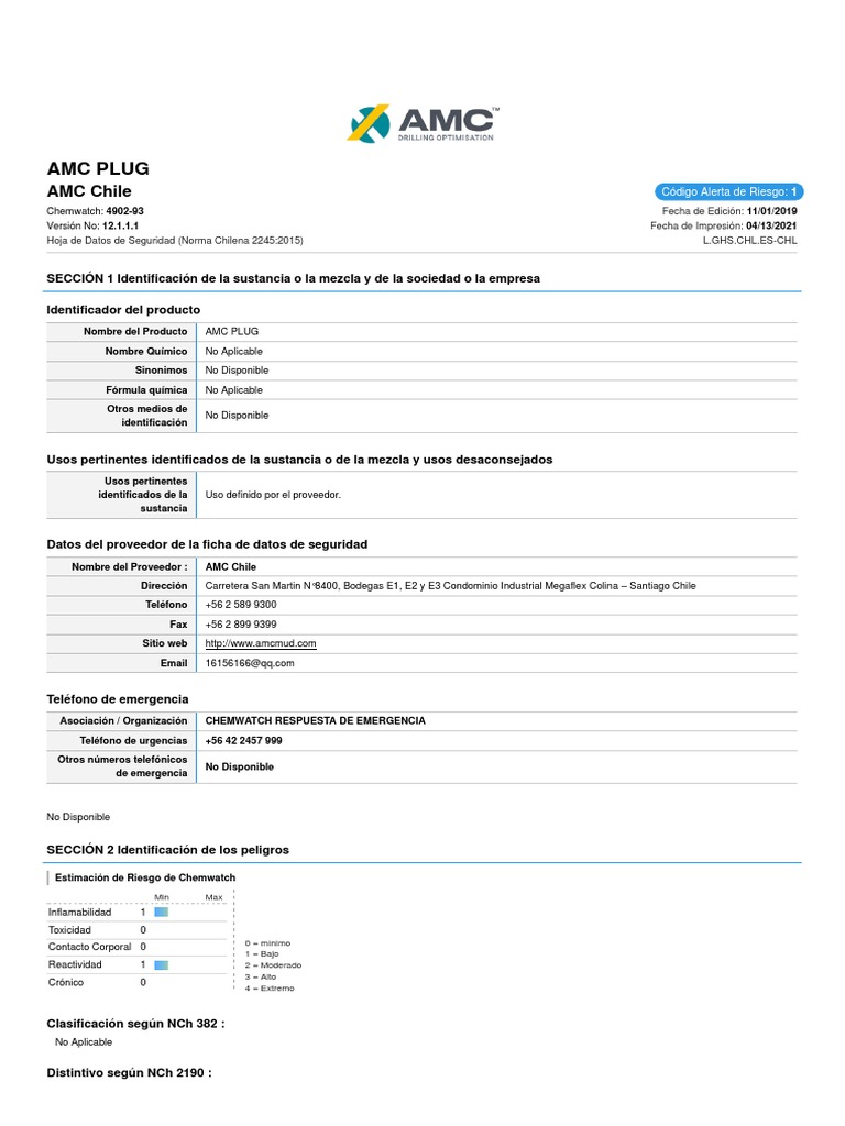 Hoja de Seguridad AMC PLUG Chile | PDF | Combustión | Agua