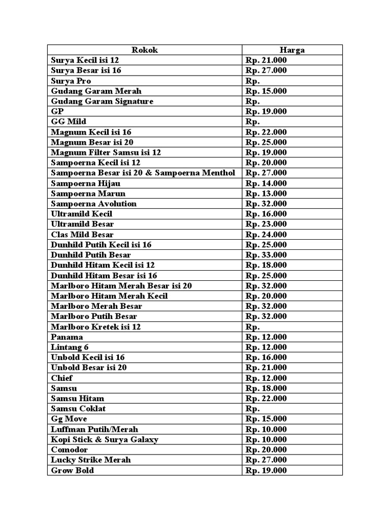 Harga Rokok Grow dan Variannya | PDF