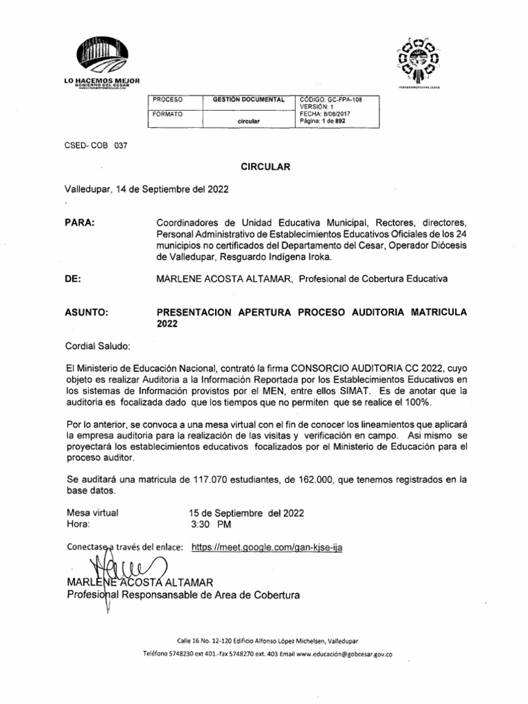 Circular 037 - Presentación Apertura Proceso Auditoria de Matrícula - 2022 | PDF | Auditoría ...