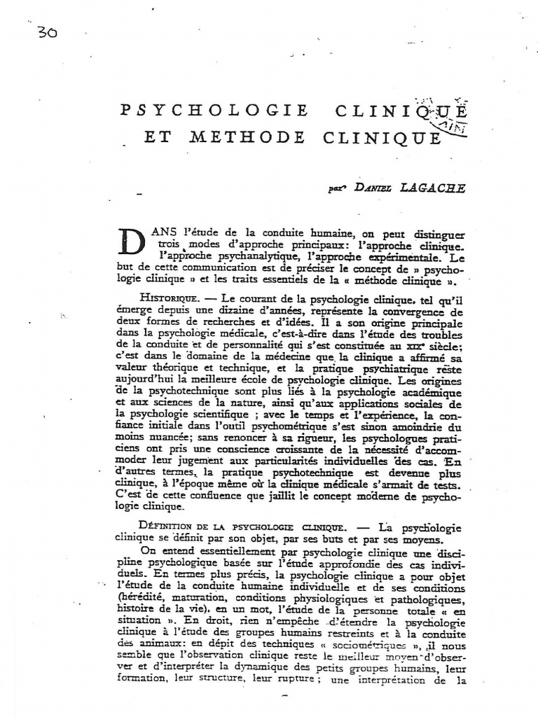Lagache - Psychologie Clinique Et Méthode Clinique Daniel Lagache 1949 ...