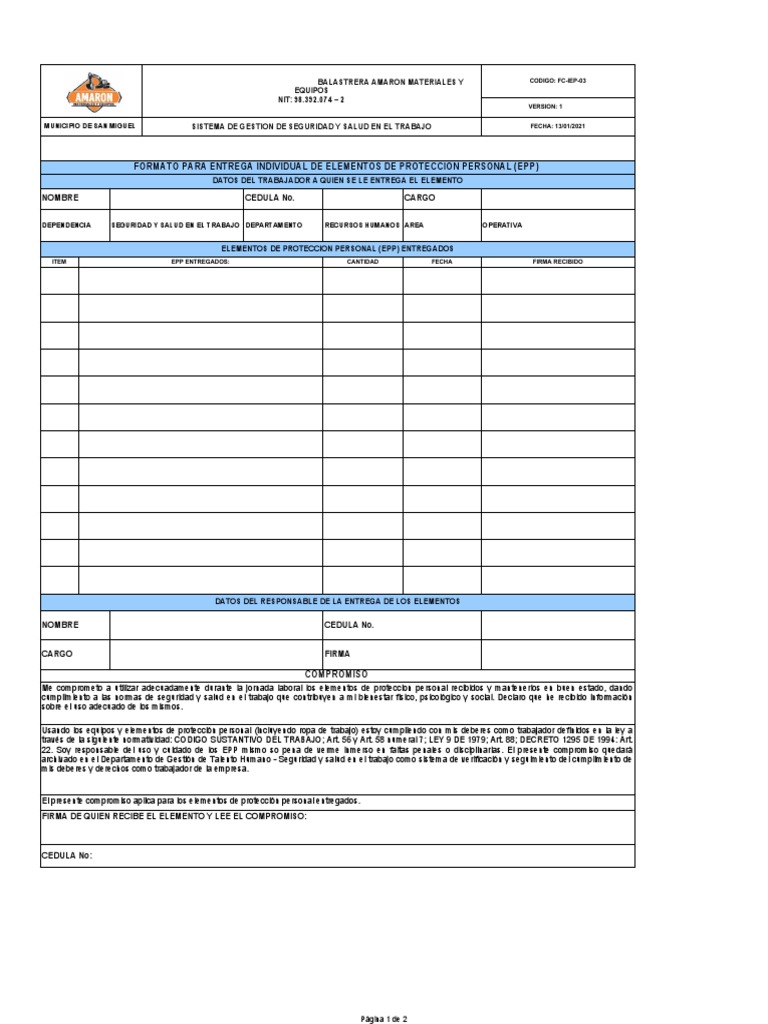 Formato De Solicitud De Elementos De Proteccion Personal Epp Pdf/formato De Seguridad